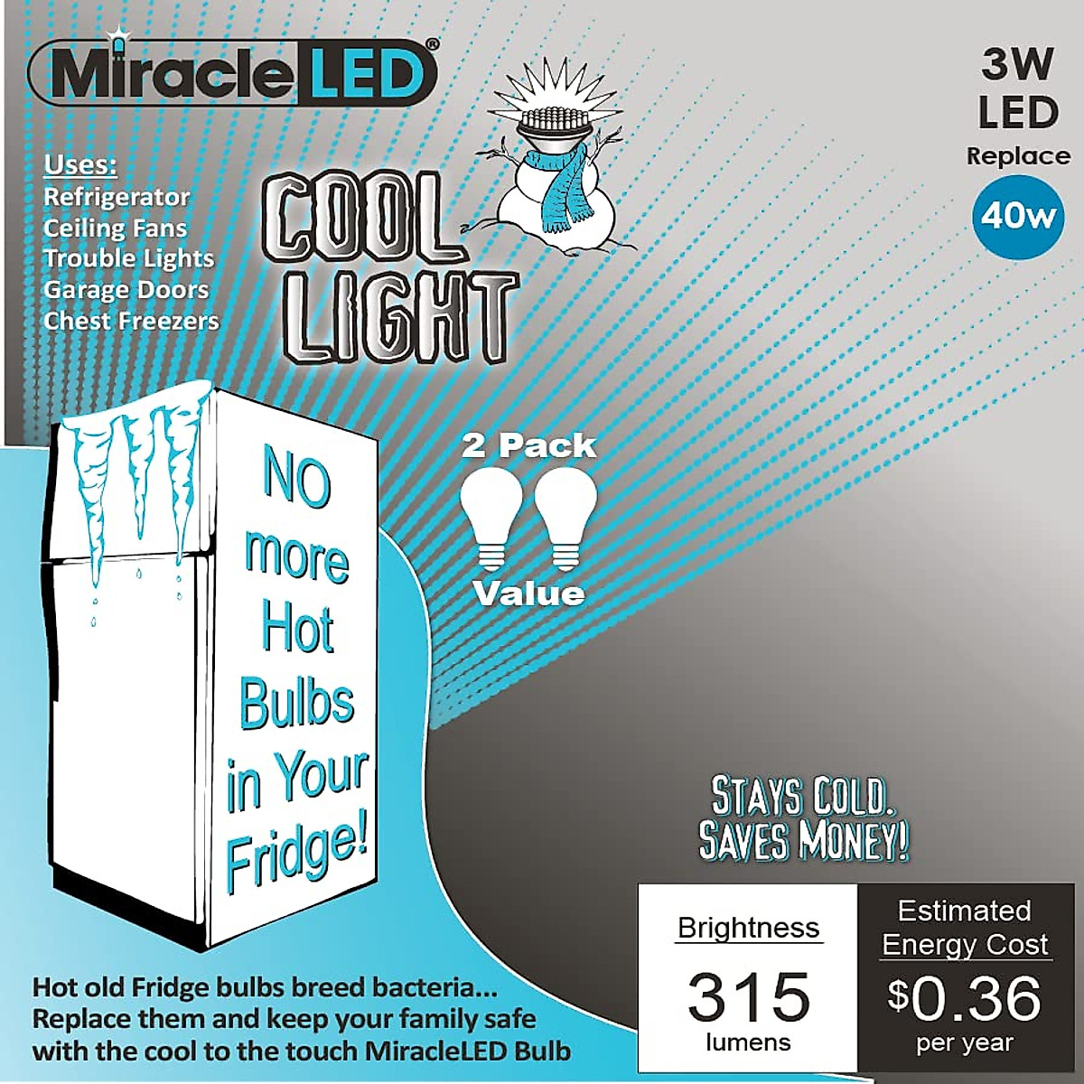 Un-Edison 3-Watt Cool Light for KitchenAid Refrigerators, 40W Equivalent, 120V E26 Cool White 6000K, A15 Energy Saving Appliance Bulbs, 2-Pack