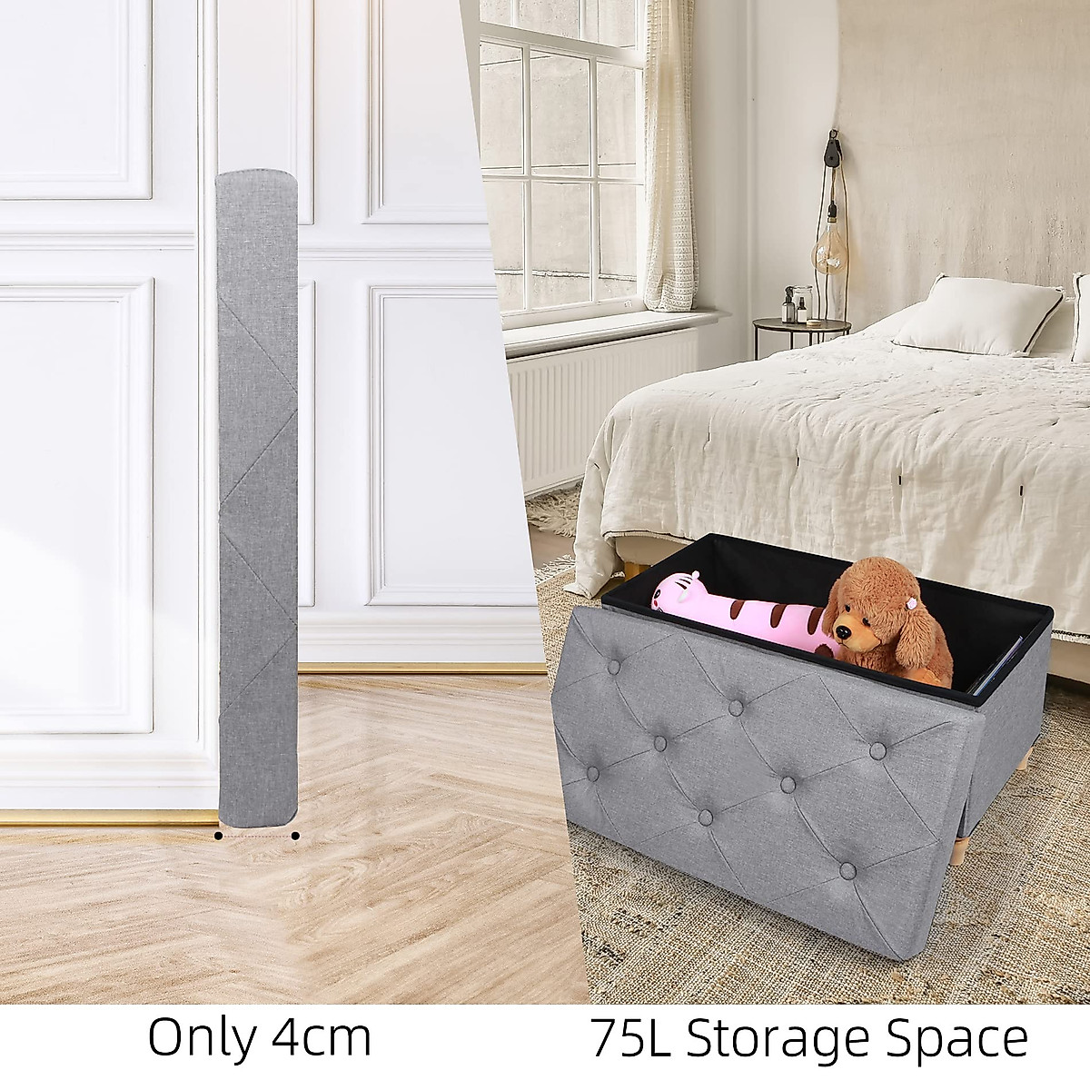 GLAXYFUR Storage Ottoman with Wooden Legs, Folding Storage Bench for Living Room, 30" Linen Fabric Ottoman Foot Rest Stool (Linen, Light Grey)