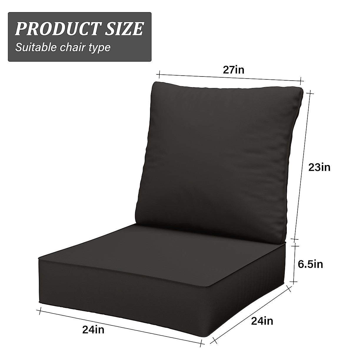 Pakunoda Outdoor Seat Cushion Set 24 x 24 x6.5 Inch Splash-Proof & Fade Resistant Patio Furniture Cushions with Removable Cover Deep Seat & Back Cushion with Straps for Chair Sofa Couch