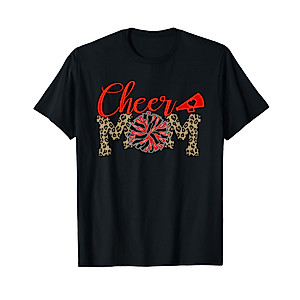 Cheer Mom Biggest Fan Leopard Print Black And Red Pom Pom T-Shirt