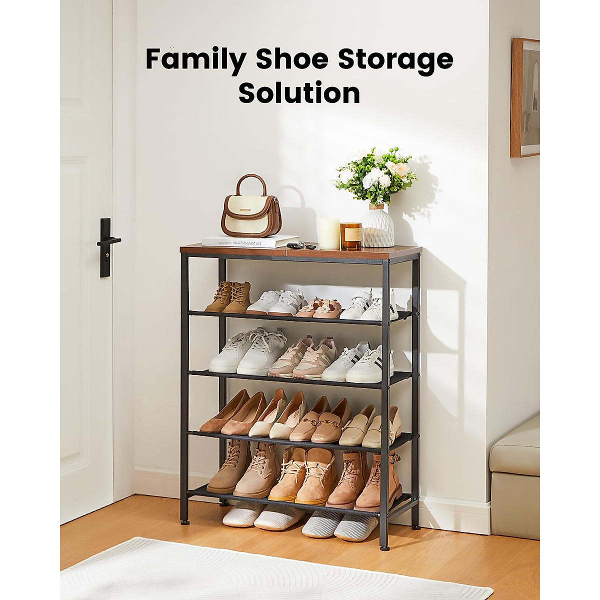 Pipishell 5-Tier Shoe Rack, Large Shoe Stand Rack with Sturdy Wood Grain Finish Top Shelf & Steel Frame, Free-Standing Shoe Organizer for Entryway,Front Door Entrance,Closet,Bedroom,Hallway