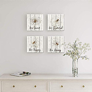 Takfot Bee Wall Decor Inspirational Wall Art Farmhouse Rustic Bathroom Decor, Motivational Quotes Brown Canvas Pictures for Bedroom Living Room Office,12"x12", set of 4