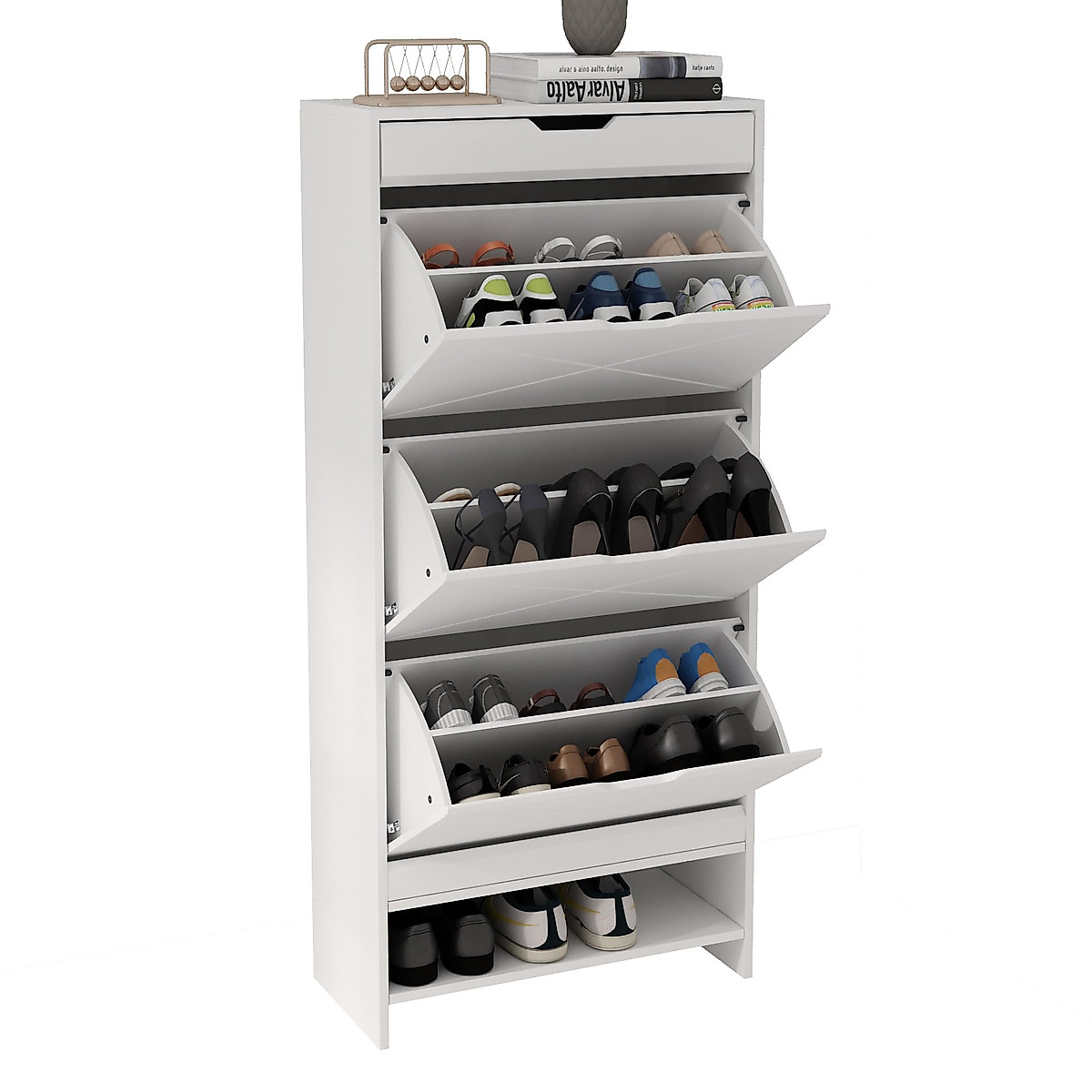 HESIEU Modern Wooden 3 Tier Tumble Shoe Cabinet Storage Cabinet White Finish with 1 Drawer and 1 Bottom Storage Suitable for Hallway, Entryway, Bedroom, Closet