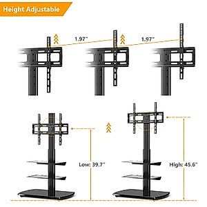 5Rcom Floor TV Stand with Mount, Height Adjustable TV Floor Stand with Swivel Mount for 27-70 inch Flat or Curved Screens TVs, Sturdy Tempered Glass Base with 3 Large Shelves for Bedroom, Black