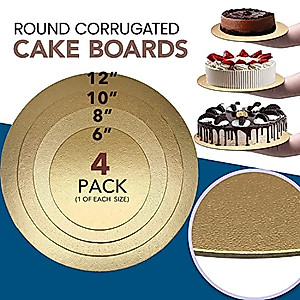 4 Pack Cake Boards Golden Round Cake Circles 6, 8, 10, 12 Inch Cake Base Cardboard, 1 of Each Size Set for Baking Cake, Gold