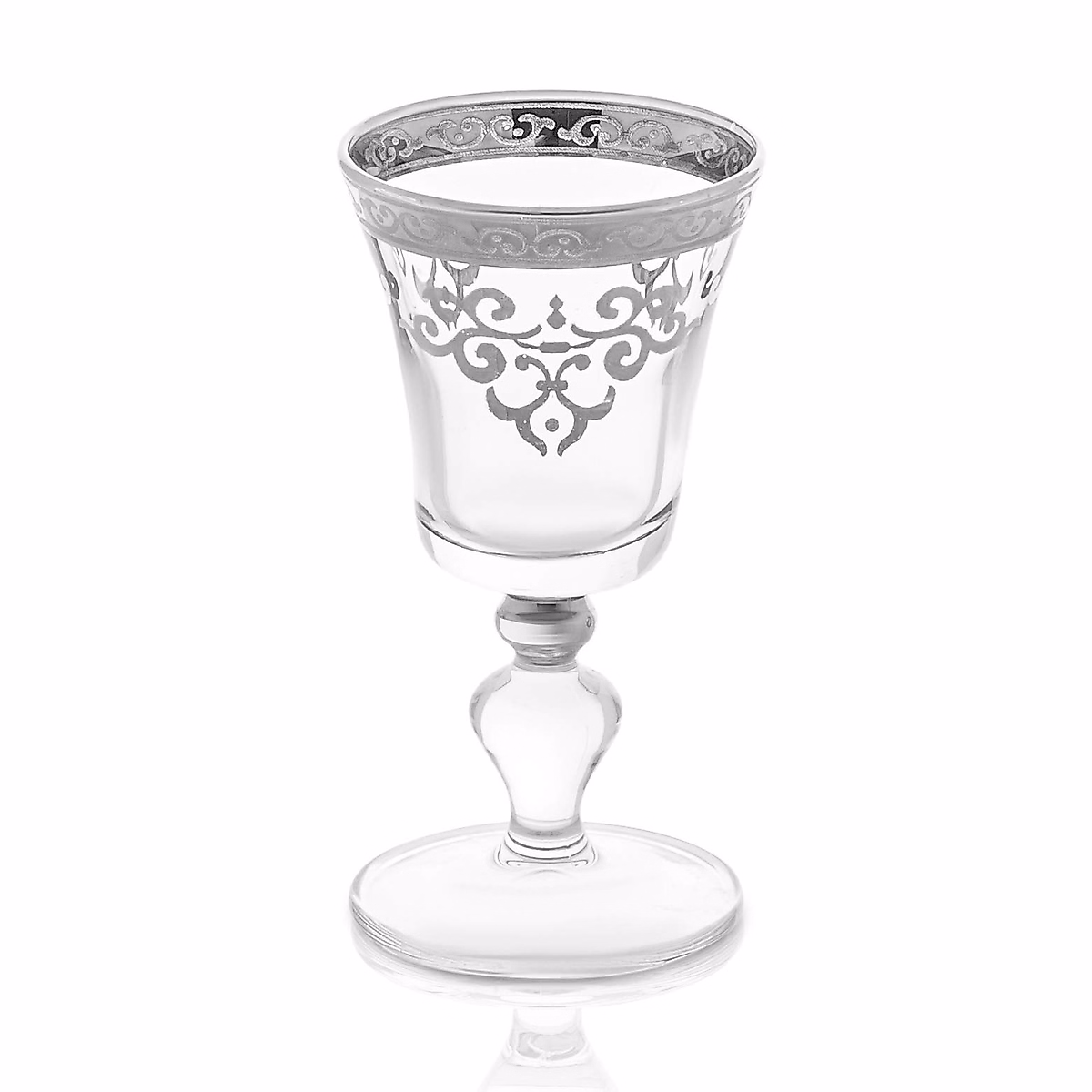 Clear Liquor Glasses with Stem and Silver Design-Set of 6-Fills 2 ounces-Measures: 4"H x 2"D