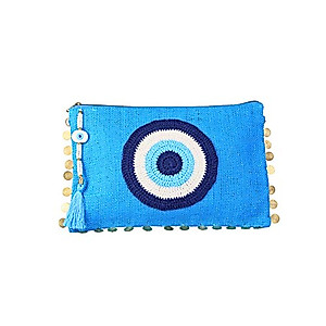 Karens Ege Evil Eye Jute/Burlap Clutch Bag for Women Beach Bag Zipper Closure with Crystals and Tassels (w/o Chain)