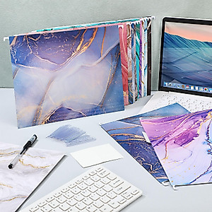 Qeeenar 30 Pcs Marble Hanging Folders with Foil Stamping Process, Including Adjustable Tabs and Inserts, Letter Size Decorative Hanging Filing Folders for Desk Office School and Home