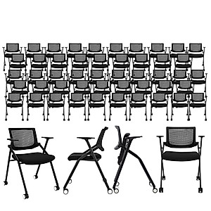 40 Chairs Stackable Conference Room Chairs with Wheels and Paddle - Ergonomic Mesh Back and Arms for Meeting, Conference, Reception, Training Room Chair & Office Desk Folding Chairs, Set of 40, Black