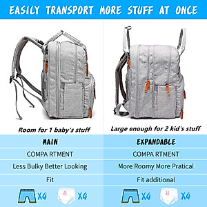 Rabjen Diaper Bag Backpack, Transformable Baby Bag, Spacious Enough for Twins' Stuff, Multifunction Back Pack, Gray
