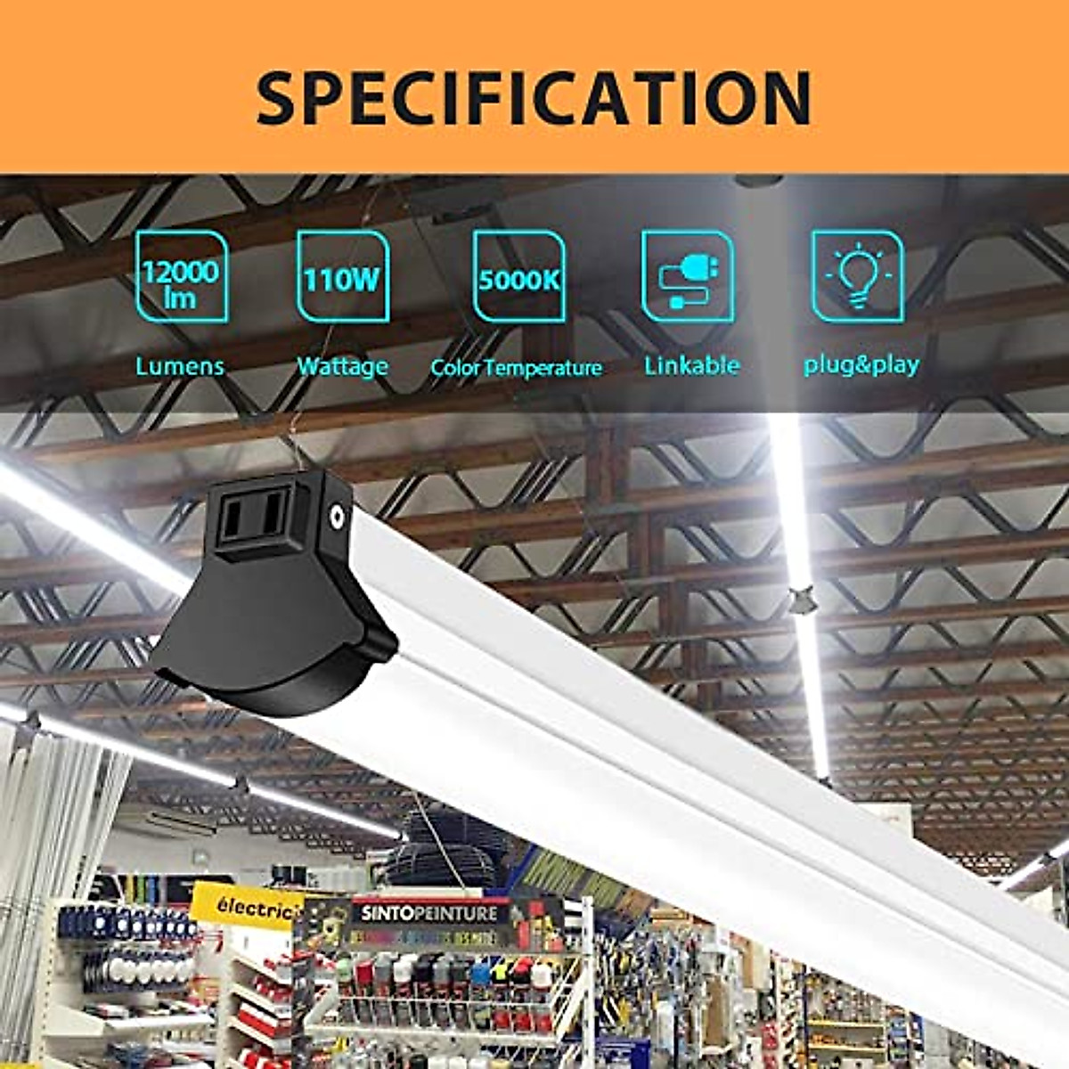 FAITHSAIL Linkable 8FT LED Shop Light, 110W, 12000 Lumen, 5000K, 8 Foot LED Fixture for Garage, Warehouse, Workshop, Plug in with Power Cord, Pull Chain, Daylight Lighting, 4 Pack
