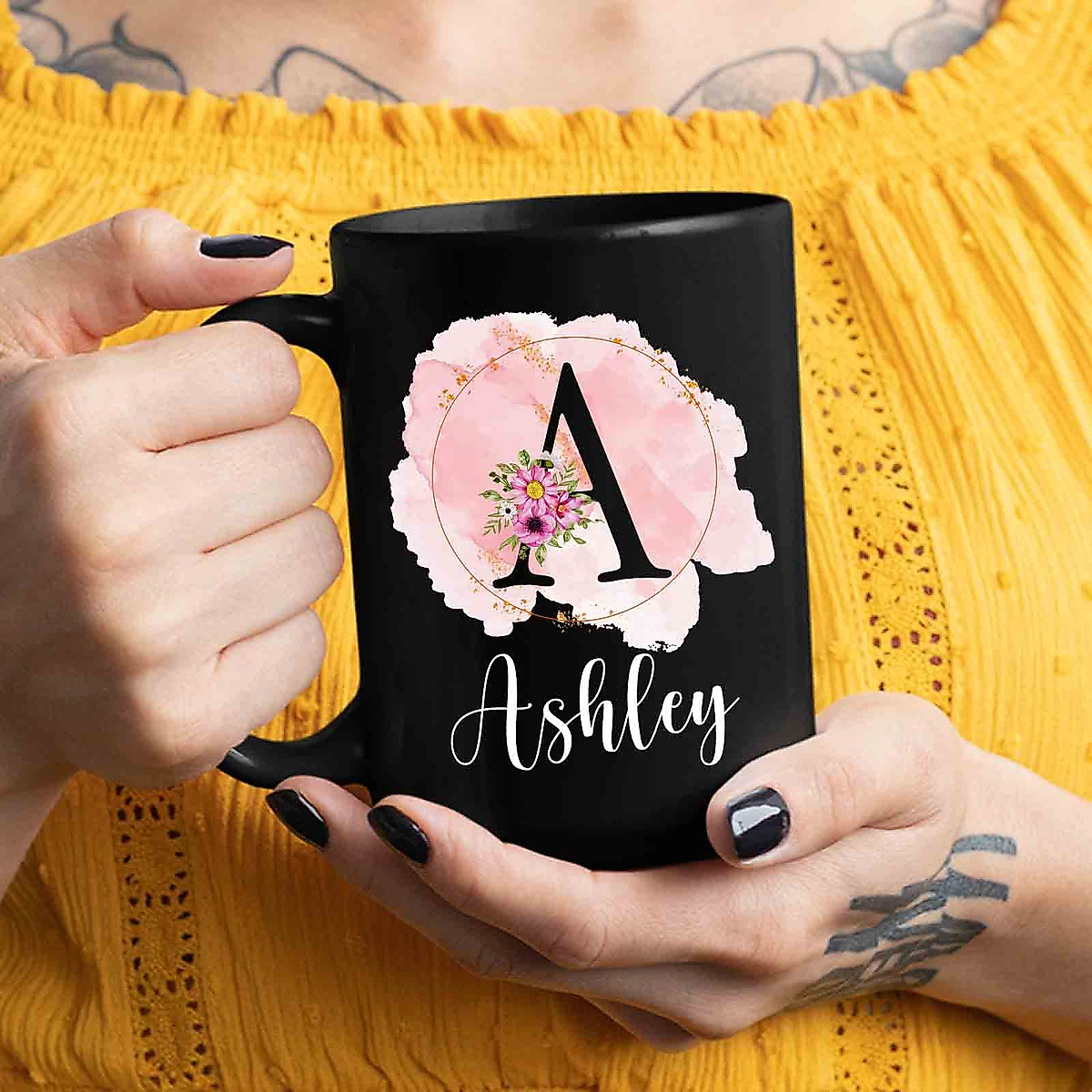 Personalized Initial Name Mug - Custom Monogram Mug - 11oz & 15oz Black Ceramic
