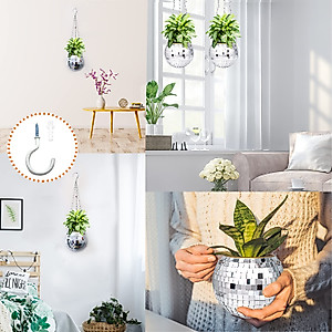 Tialero 2Pcs Disco Ball Planter, 6"/8" Disco Planter with Hanging Chain & Hook & Ring Stand, Disco Ball Plant Hangers for Indoor and Outdoor Plants, Hanging Plant Holder (2Pcs 6", Silver)