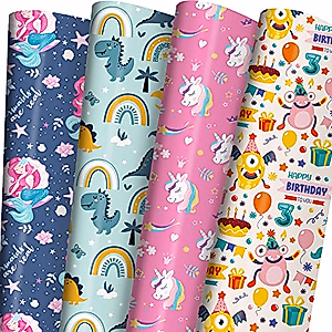 ZINTBIAL Birthday Wrapping Paper for Boys Girls Kids Baby Shower - Gift Wrapping Paper with Rainbow Dinosaur, Pink Unicorn, Blue Mermaid, Monster - 20 x 29 Inches per Sheet (8 Folded Sheets), Recyclable, Easy to Store, Not Rolled