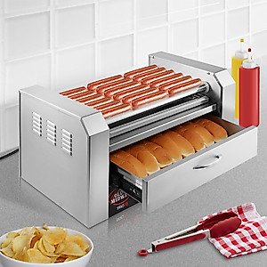 Olde Midway Electric 30 Hot Dog 11 Roller Grill Cooker Machine with Bun Warming Drawer and Cover - Commercial Grade, Stainless Steel