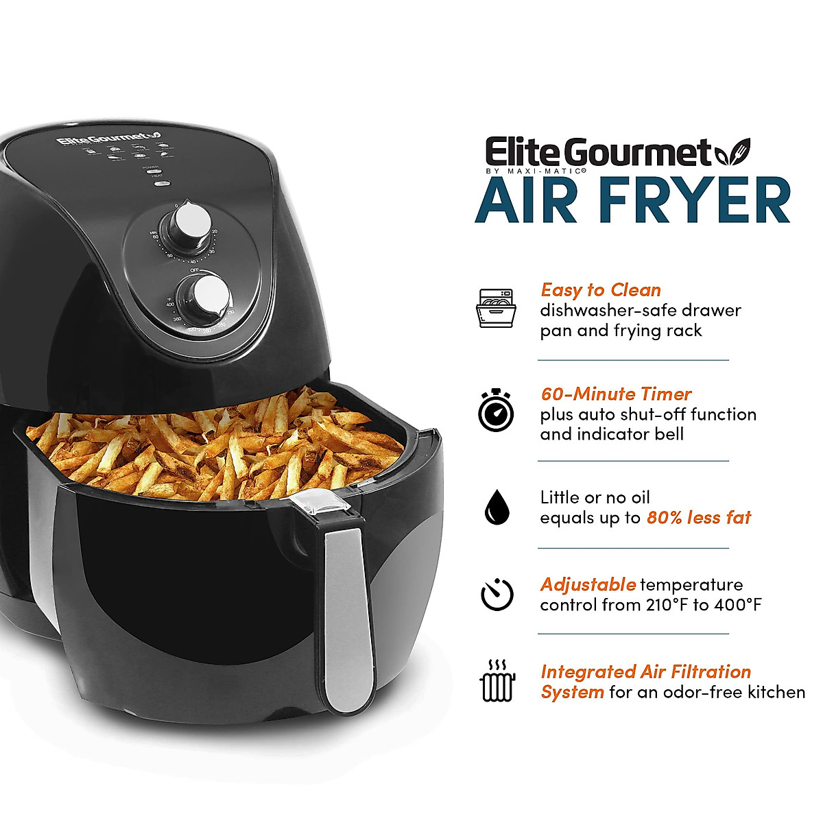 Elite Platinum EAF-658 Electric 6.5Qt Air Fryer, XXL Capacity, 4.75Lbs of Food, 1700WOil-Less Healthy Cooker Timer & Temperature Controls, 26 Recipe Cookbook