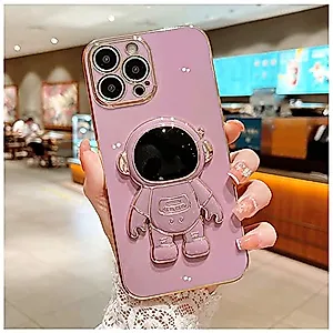 AIGOMARA 6D Plating Astronaut Hidden Stand Case Cover for iPhone 14 Pro Max Women Astronaut Folding Bracket Kickstand iPhone Case with Camera Protector Soft TPU Shockproof Bumper 6.7" 2022 Purple