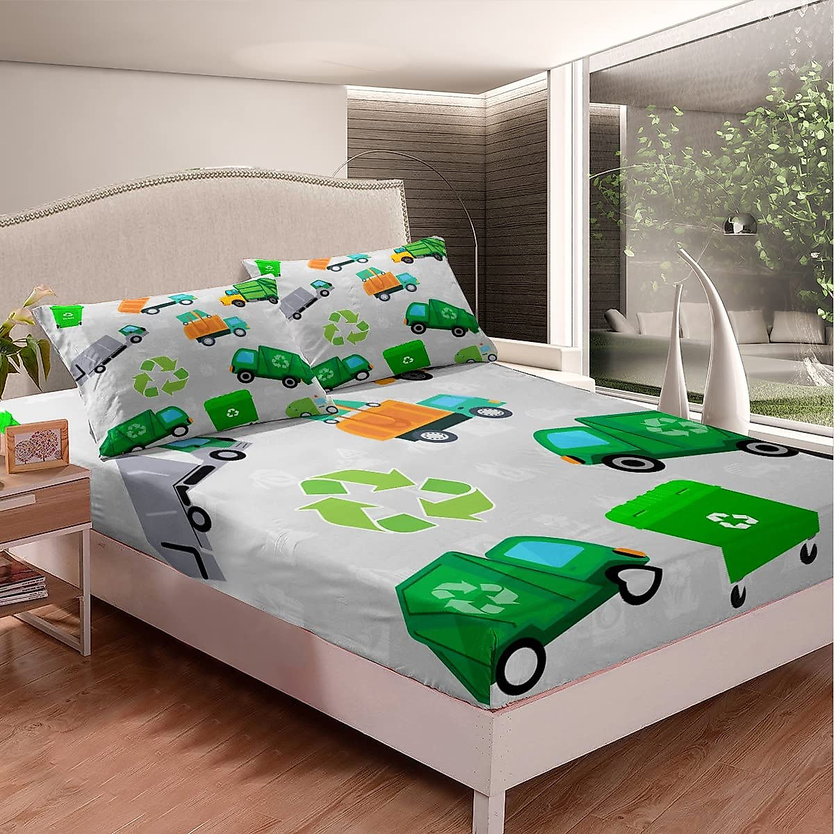 Boys Green Garbage Truck Bed Sheets Set Cartoon Trash Truck Sheet Set for Kids Green Vehicle Car Sheets with Deep Pocket Fitted Sheet Garbage Truck Toy Bedding Set Queen Size With 2 Pillow Case