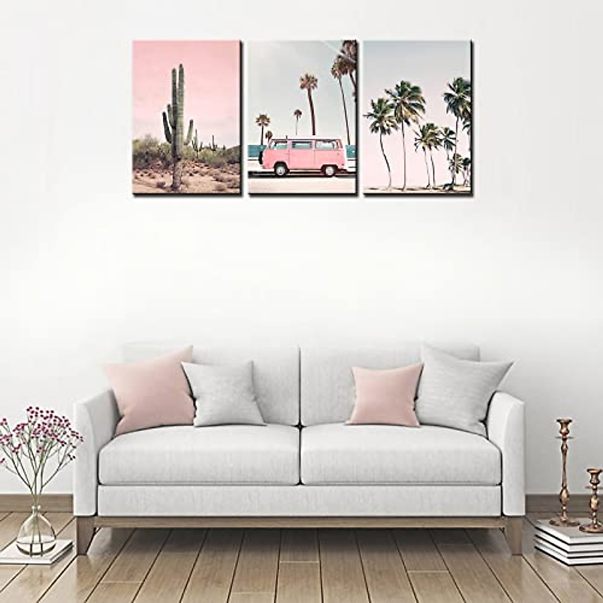 Tucocoo Modern Pictures for Living Room Beach Palm Trees Paintings 3 Pieces Canvas Summer Pink Wall Art Saguaro Cacti Artwork Home Decor Giclee Wooden Framed Stretched Ready to Hang(42x20inch)