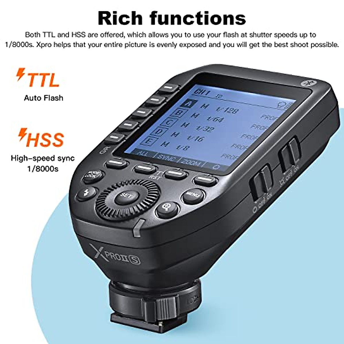 Godox XProII-S TTL Wireless Flash Trigger Transmitter Compatible for Sony Cameras,2.4G 1/8000s HSS,Bluetooth Connection,New Hotshoe Locking,16 Groups and 32 Channels