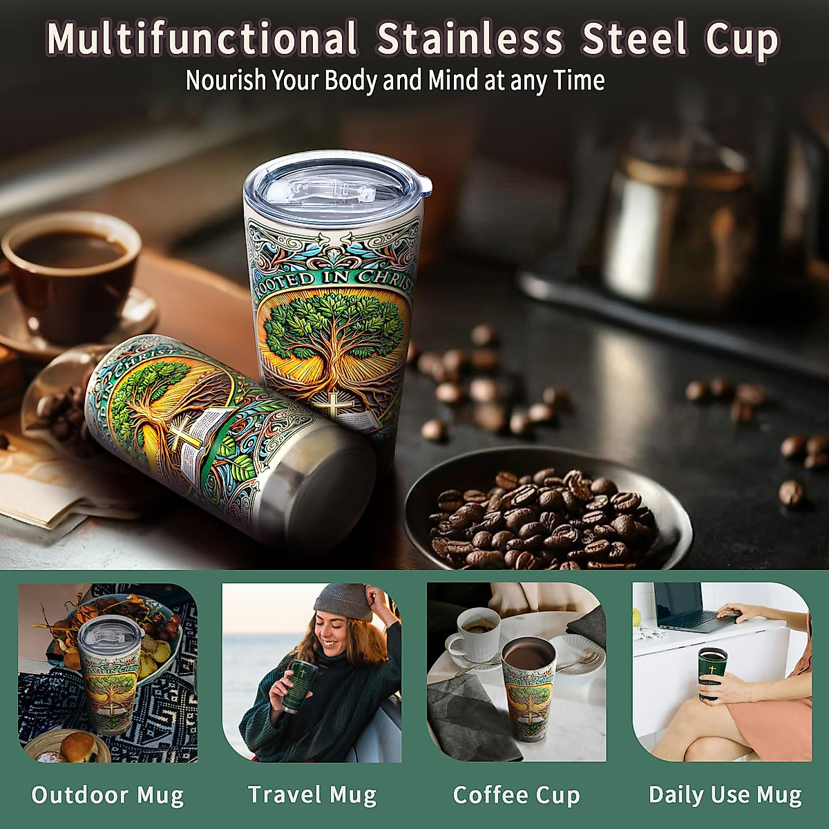 YRCKUDZKG 20 Oz Stainless Steel Tumbler, Double-layer 304 Vacuum Insulated Cup | Leak-Proof Lid Reusable Insulated Mug with Straw, Keeps Hot and Cold for Home, Office, Travel and Car (Bible Tree)