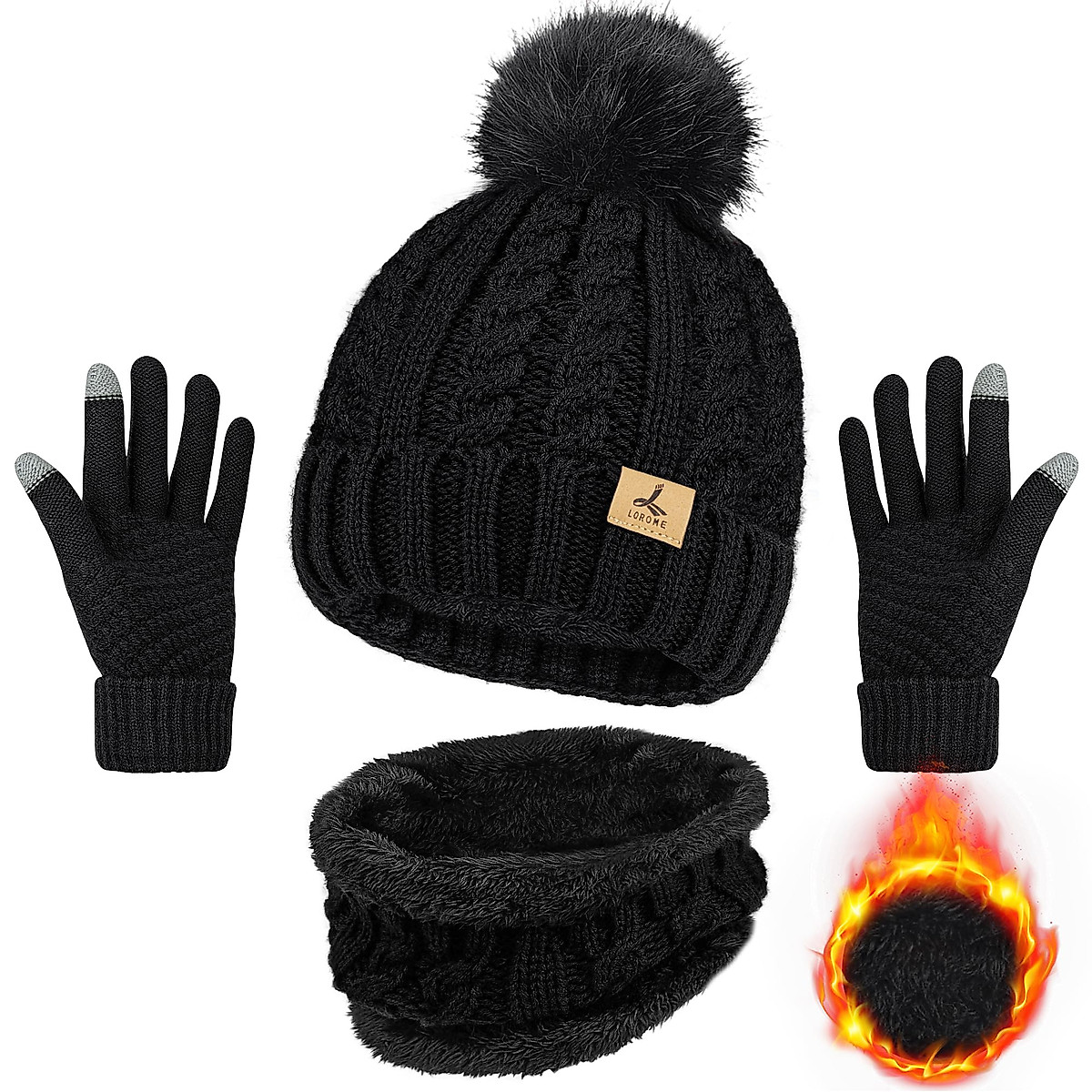 Winter Beanie Hat, Scarf and Touchscreen Gloves Set Black