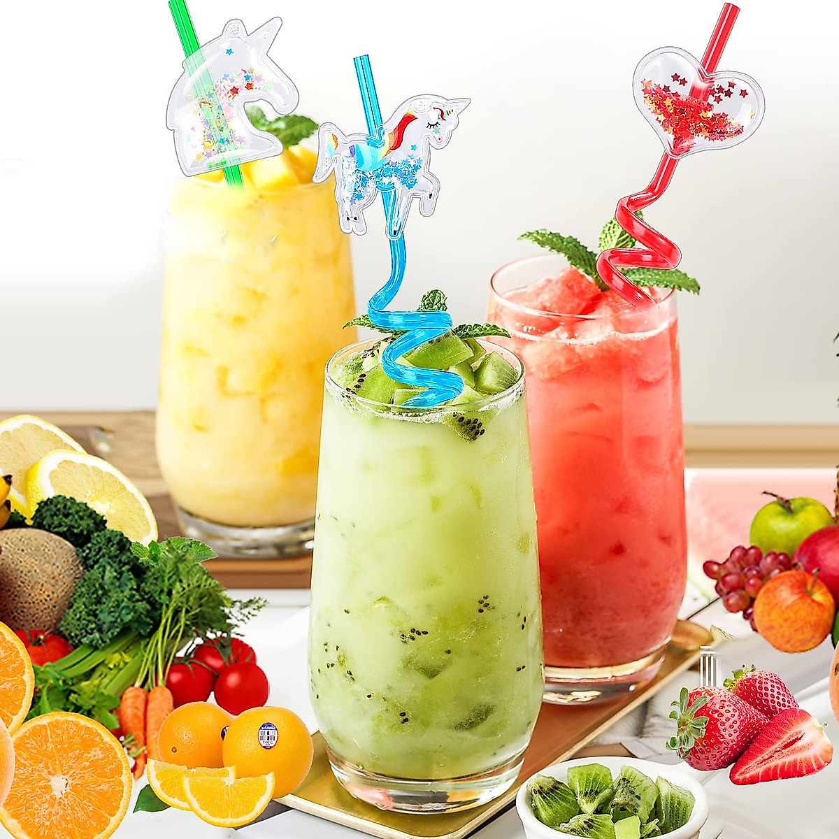 24 PCS Glitter Straws,Unicorn Heart Shaped Sparkly Drinking Straws,Reusable Drinking Plastic Straws Unicorn Rainbow Heart Cloud Shaped Design,Unicorn Party Favors for Kids Girls Pool Party Decorations