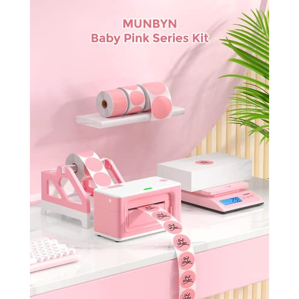 MUNBYN Pink Label Holder for Rolls and Fan-Fold Labels, Shipping Label Roll Holder for Desktop Label Printer Shipping Supplies Industrial Labels…