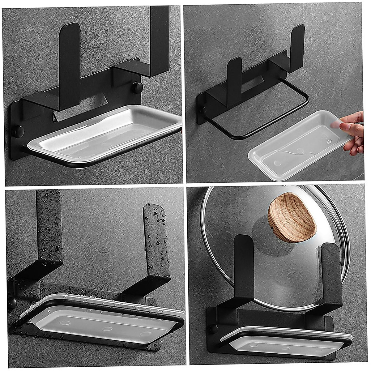 Zerodeko Pot Lid Rack Wall Mounted Stainless Steel Pan Lid Organizer Holder with Water Tray Self Adhesive Kitchen Utensils Storage Racks for Hanging Dish Pan Cover Cutting Board