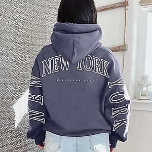 Uscharm Letter Graphic Print Hoodies for Women Oversized Casual Long Sleeve Pullover Tops Drawstring Fall Sweatshirts with Pockets