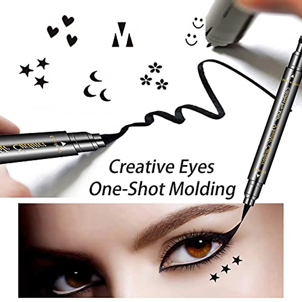 SUMEITANG 6 Pcs Double-headed Eyeliner Stamps Set Black Liquid Eye Liner Pen With Star,Moon,Heart,Flower,Smiley,Triangle Stamp Stencils Shapes for Women Makeup Kit Long-Lasting Waterproof Smudgeproof