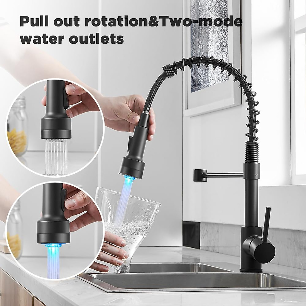 Black Kitchen Faucet with Pull Down Sprayer, WOTOKOL Solid Brass Kitchen Faucets Sprayer Spring Single Handle Commercial Kitchen Sink Faucet with LED Light