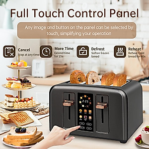 SEEDEEM Toaster 4 Slice, Full Touch control Toaster, LCD Display, 6 Bread Type, 7 Shade Settings, 1.4''Wide Slots，More Time Function, Removable Crumb Tray, 1800W, Dark Metallic