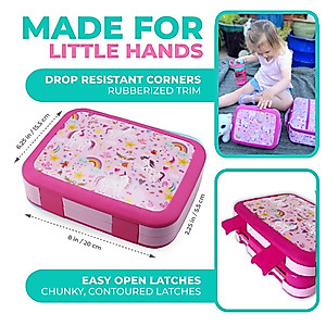 kinsho Bento Lunch Box with Insulated Bag and Water Bottle Set for Kids Toddlers, 4 Portion Sections, Removable Tray, Pre-School Girl Toddler Daycare Lunches, Snack Container, Pink Unicorn