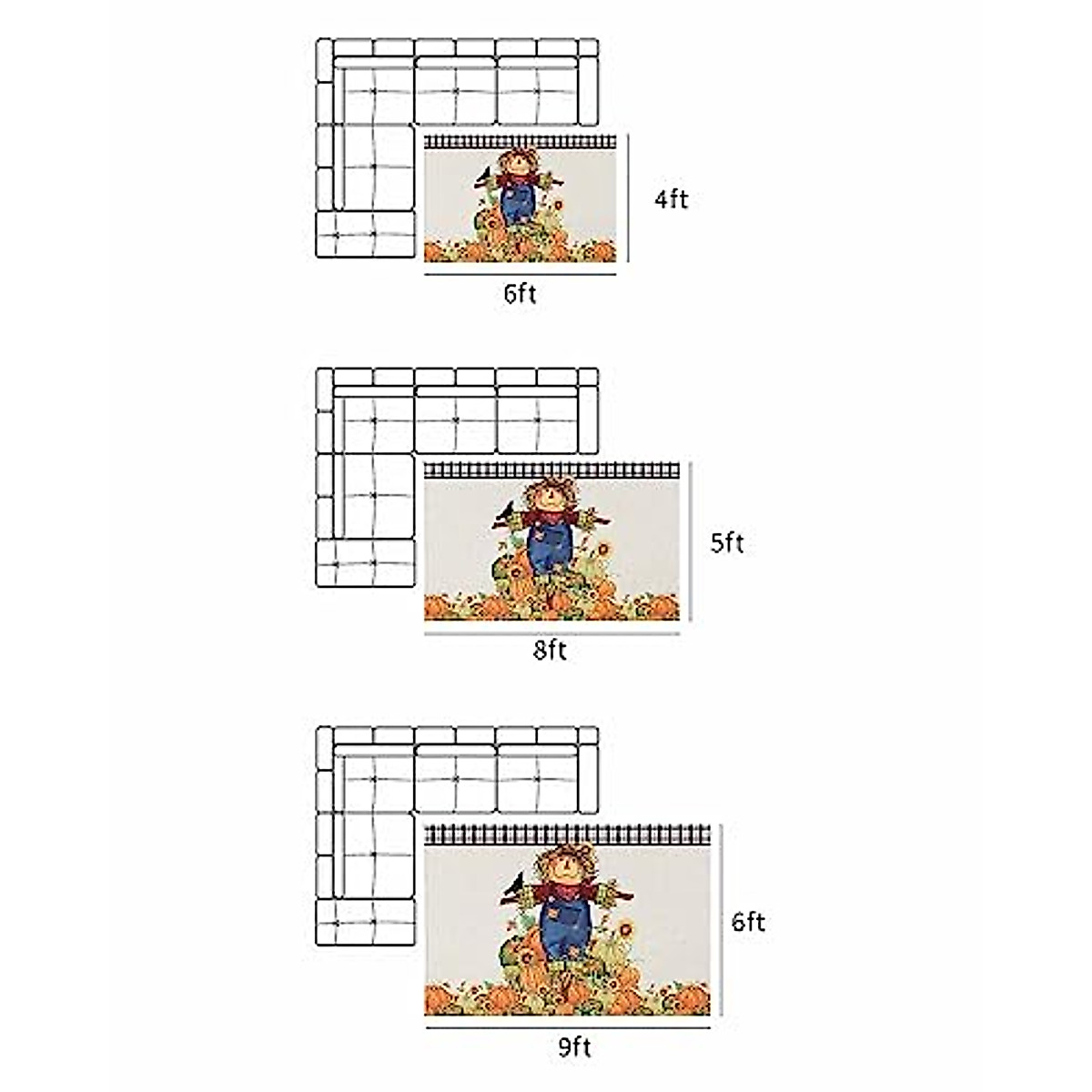 Outdoor Area Rug for Patio,Scarecrow Pumpkin Autumn Thanksgiving Camping Rugs Indoor Large Floor Mat 4x6ft,Farmhouse Black Plaid Linen Outside Carpet for Deck RV Picnic Porch Backyard Bedroom