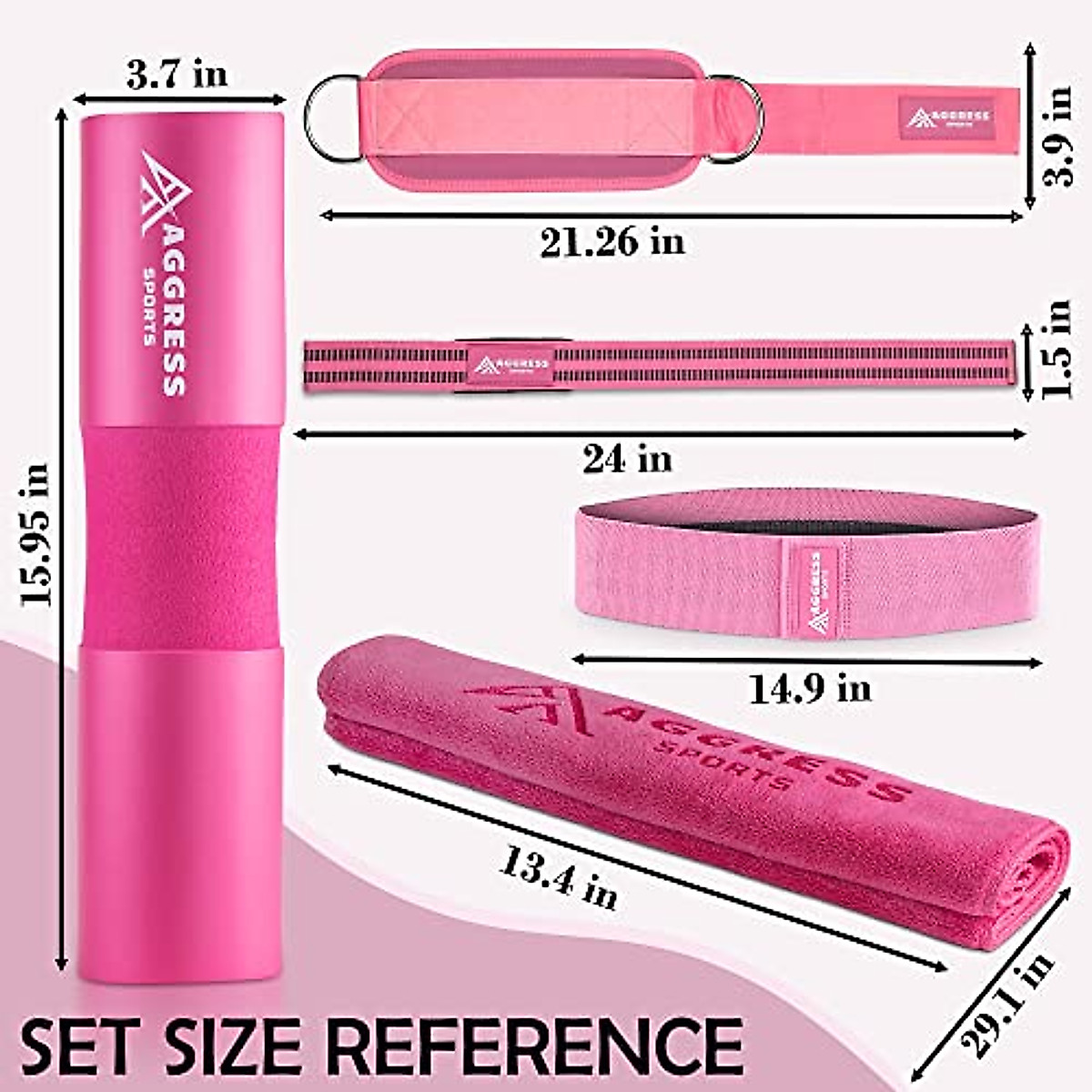 Aggress Sports Barbell Pad Set of 8 – Barbell Squat Pad for Hip Thrust, Lunges with 2 Gym Ankle Straps, Hip Resistance Band – Durable Gym Accessories for Women Includes Carry Bag, Towel, pink