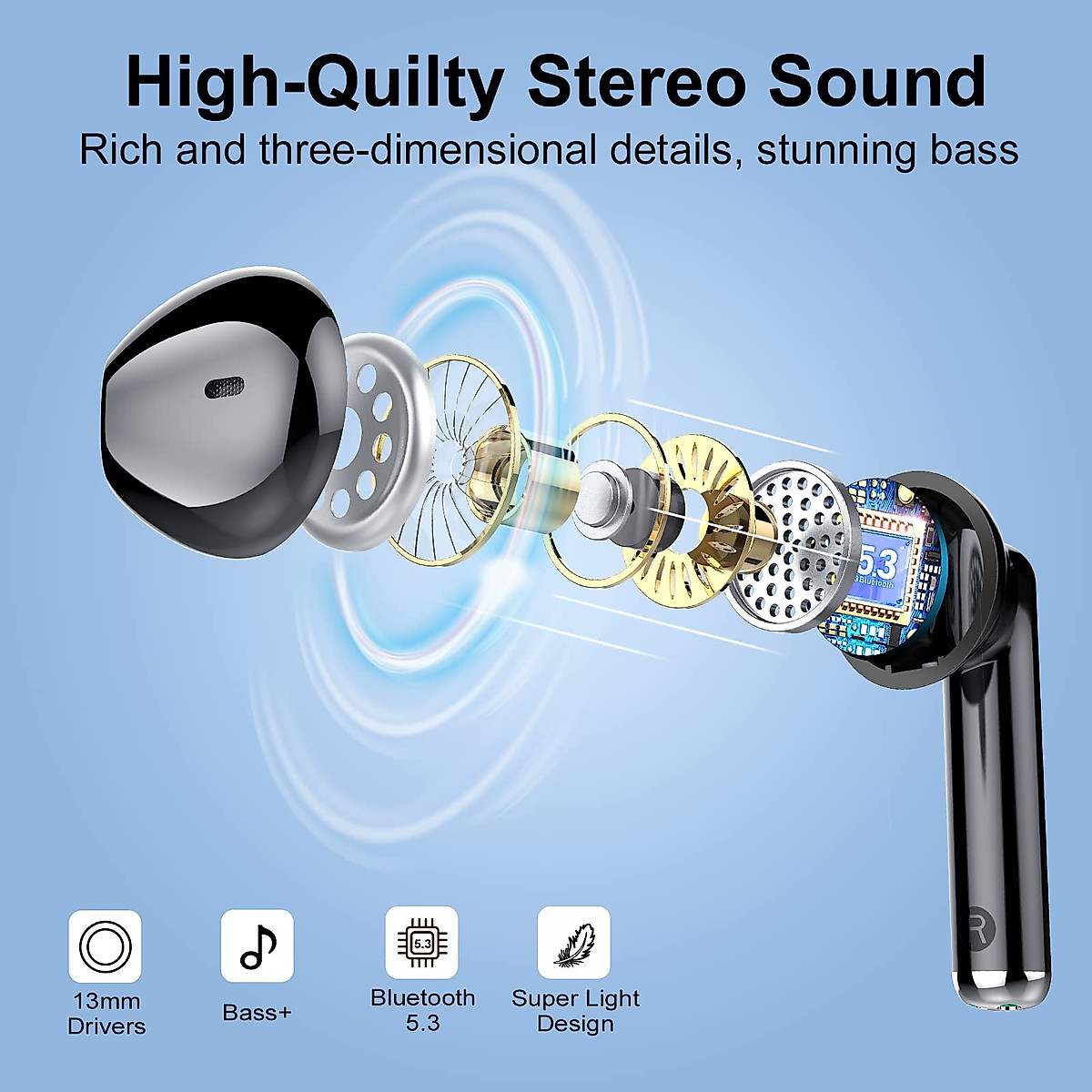 Aptkdoe Wireless Earbuds, Bluetooth 5.3 Headphones with Hi-Fi Stereo Clear Call Mic, 30 Hrs Playtime Bluetooth Earbuds Touch Control with LED Display, IPX7 Waterproof Earphones for iOS Android Laptop