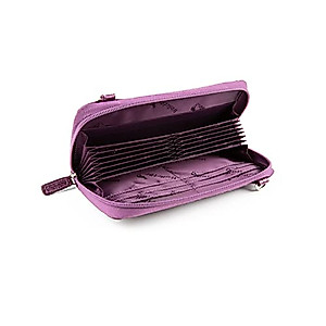WalletBe Women's Leather RFID Zipper Double Accordion Clutch Wallet with Wristlet Croco Purple