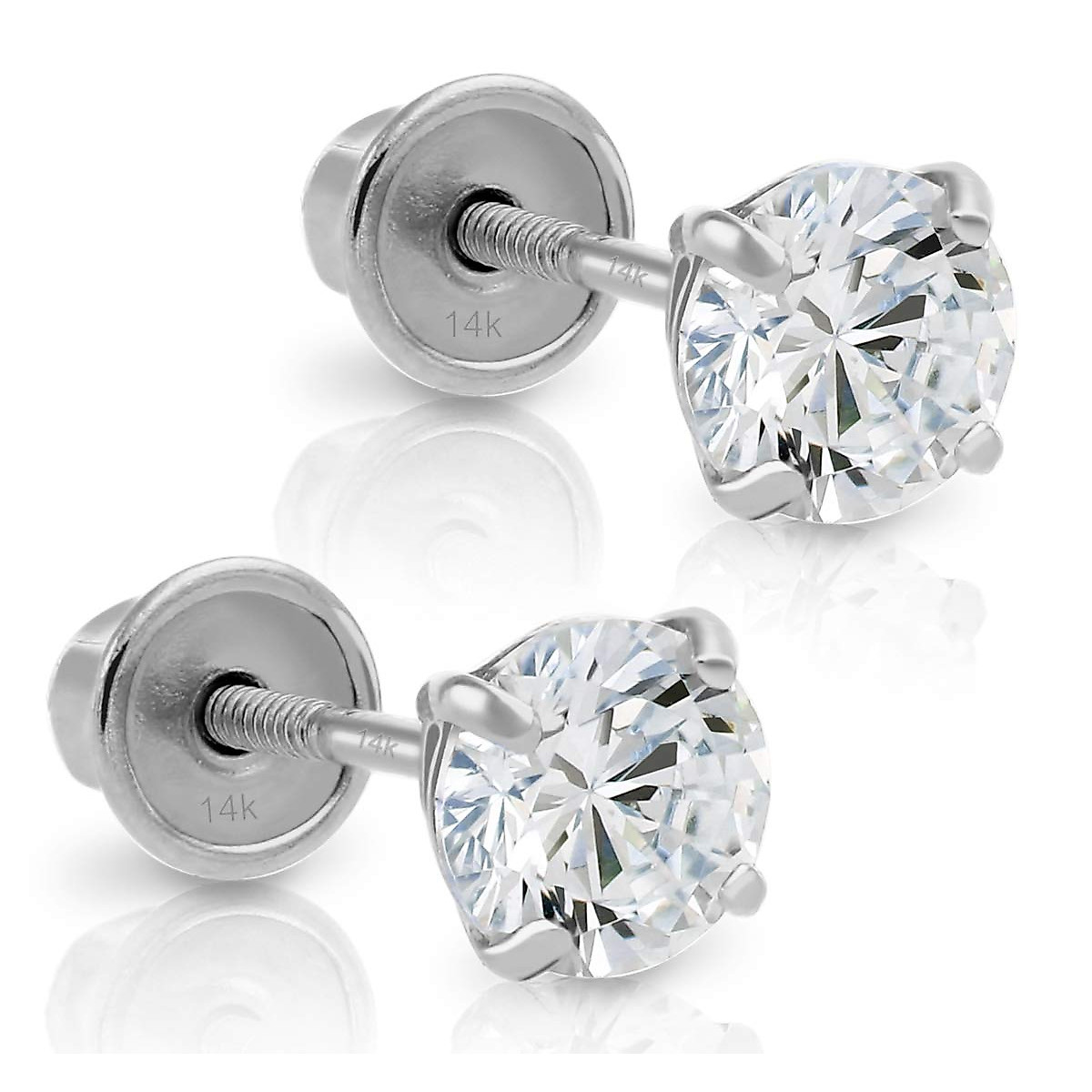 14k White Gold Made with 5mm Cubic Zirconia Solitaire Stud Earrings with Secure Screw-backs, 5mm