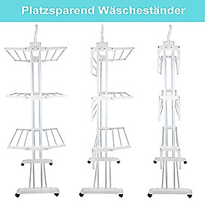Voil Clothes Airer 3 Tier Foldable Laundry Drying Clothes Rack Outdoor Indoor Heavy Duty Clothing Horse Garment Dryer Stand on Wheel, White