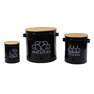 Gdfjiy Onion and Potato Storage, Set of 3 Antique Cream Vintage Potato Onion, Home Space-Saving Kitchen Canisters with Bamboo Lid & Handles - Airtight Potato, Onion & Garlic Keeper for Vegetable Storage - Long Shelf Life (Black)