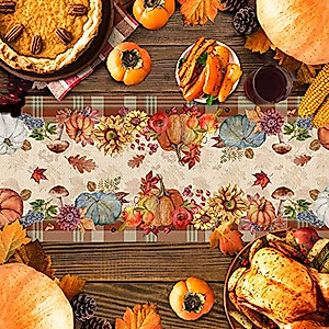 Fall Table Runner Autumn 72 Inches Long x 13 Burlap Linen Home Kitchen Decor Pumpkin Sunflower Leaves Buffalo Plaid Check Seasonal Coffee Dining Rustic Farmhouse Red Orange Yelllow Fall Table Runners