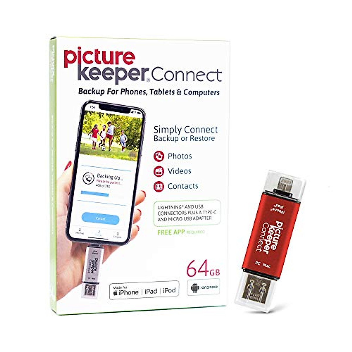 Picture Keeper Connect Photo & Video USB Flash Drive for Apple, Android & PC Devices, 64GB Thumb Drive, Red