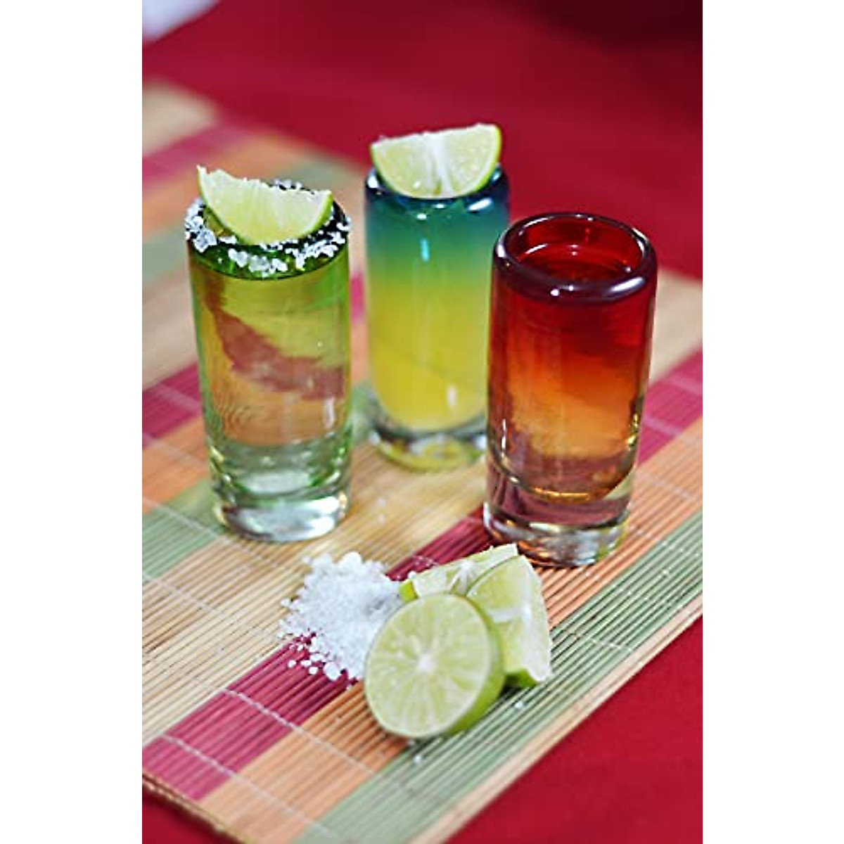 Mexican Tequila Shot Glasses - Set of 6 Large Shot Glasses Pretty Novelty Design Multicolor Recycled Glassware Set Unique Artisan Crafted Dishwasher Safe Hand Blown 2 oz