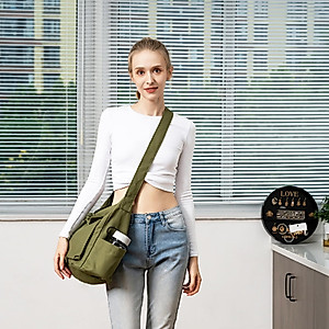 Women Canvas Hobo Messenger Handbags Large Crossbody Aesthetic Commuter Tote Bag with Multiple Pockets Adjustable Strap