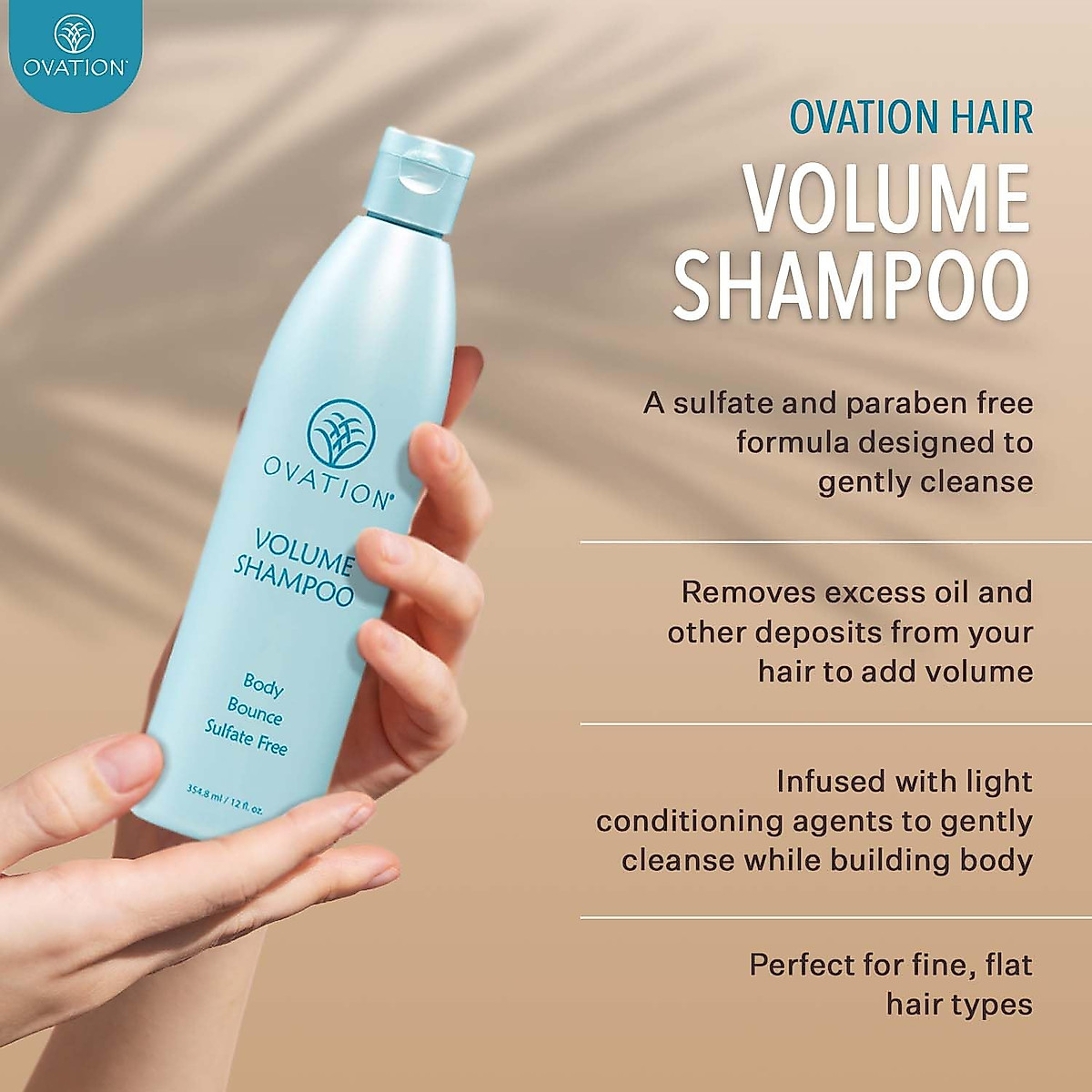 Ovation Hair Volume Shampoo - For Voluminous, Bouncy Hair - 12 oz - Gentle Cleansing and Helps Removes Excess Hair Oil - For Fine, Thin Hair - With Fenugreek, Aloe Vera, Saw Palmetto