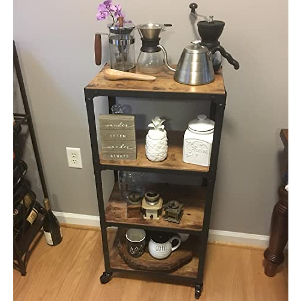 Metal Utility Rolling Carts Kitchen Microwave Storage Racks on Wheels Standing Shelf Unit for Home Office Bedroom Drom Apartment(Wood Tray)