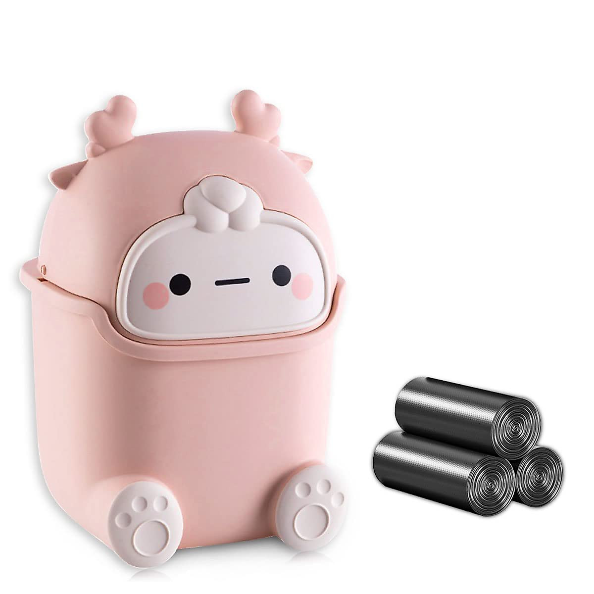 TIE-DailyNec Cute Desktop Trash Can with 90 Trash Bags, Mini Creative Trash Can with Flip Lid Plastic Storage bin, Waste Basket Garbage Can for Bathrooms Kitchens Offices Dressing Table (Pink)