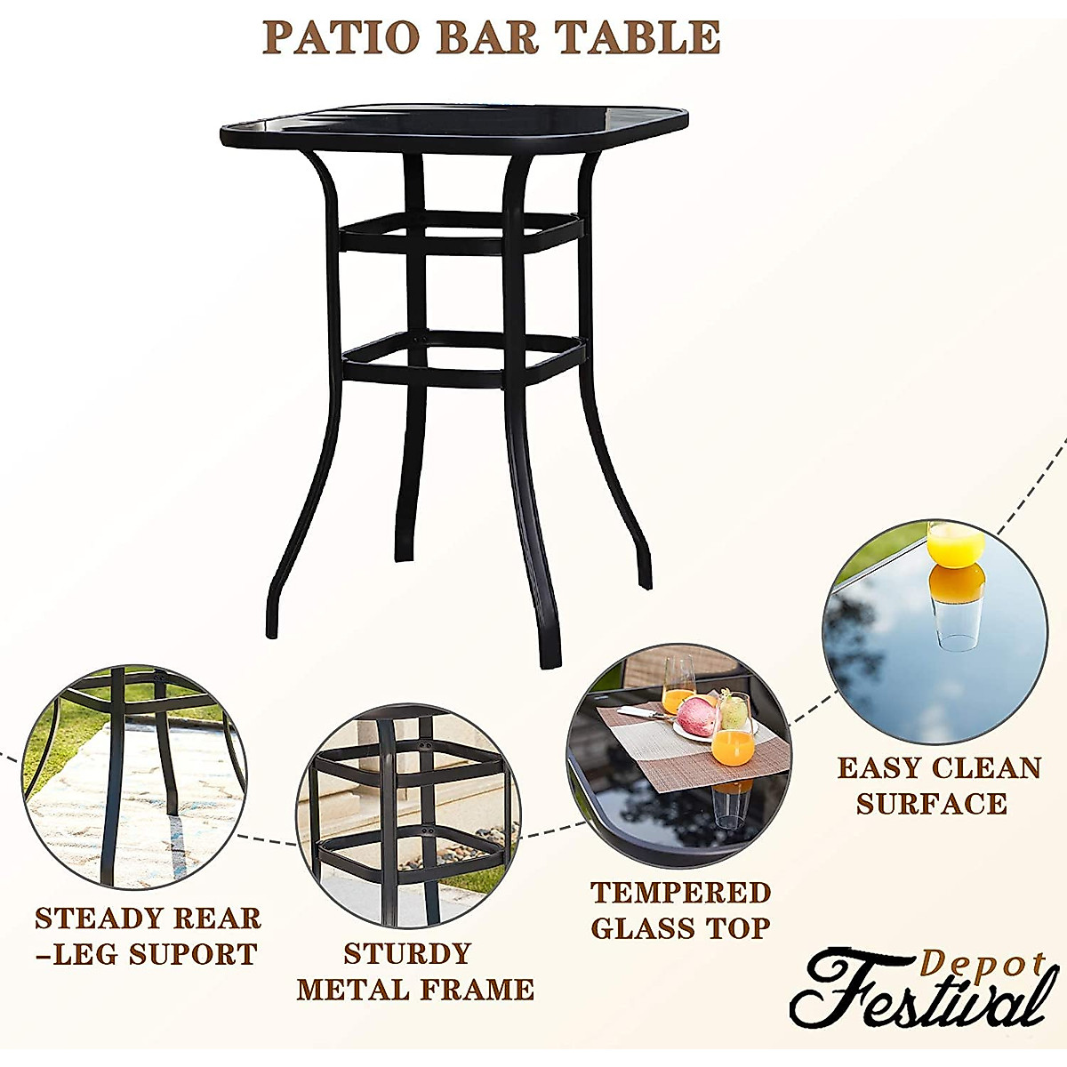 Festival Depot 5 Pcs Patio Bistro Set 360° Swivel Chairs and Bar Height Table with Tempered Glass Top Outdoor Furniture Dining Set (4 Chairs,1 Table) (Blue)