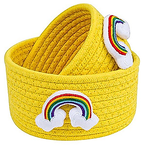 LixinJu Small Basket for Organizing Small Woven Basket Set of 2 Rainbow Small Rope Basket Decorative Mini Storage Bins Round Little for Desk Dog Cat Toy Kids Baby Girls Gifts, Yellow